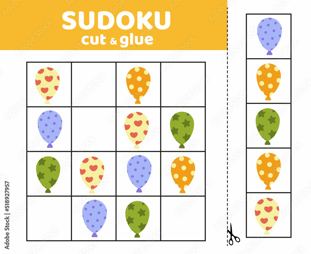 Sudoku for kids with balloons. Sudoku for kids. Cut and glue. Cartoon ...