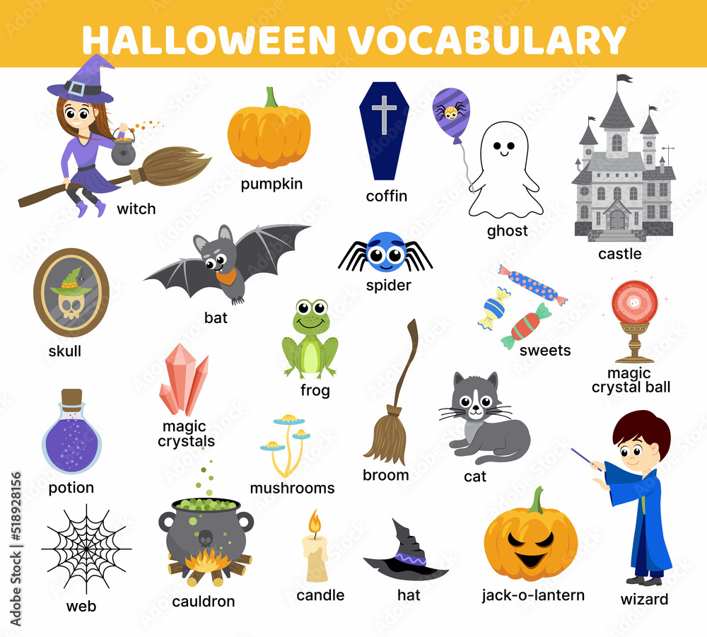 Halloween English words. Vocabulary. Flat, cartoon, vector Stock Vector ...