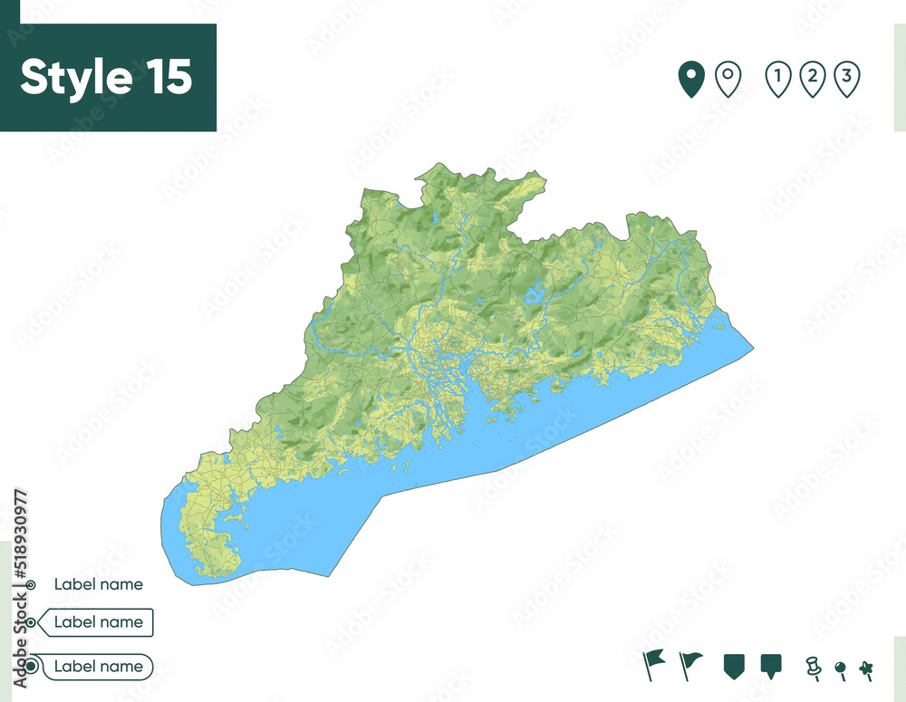 Guangdong, China - map with shaded relief, land cover, rivers, lakes ...