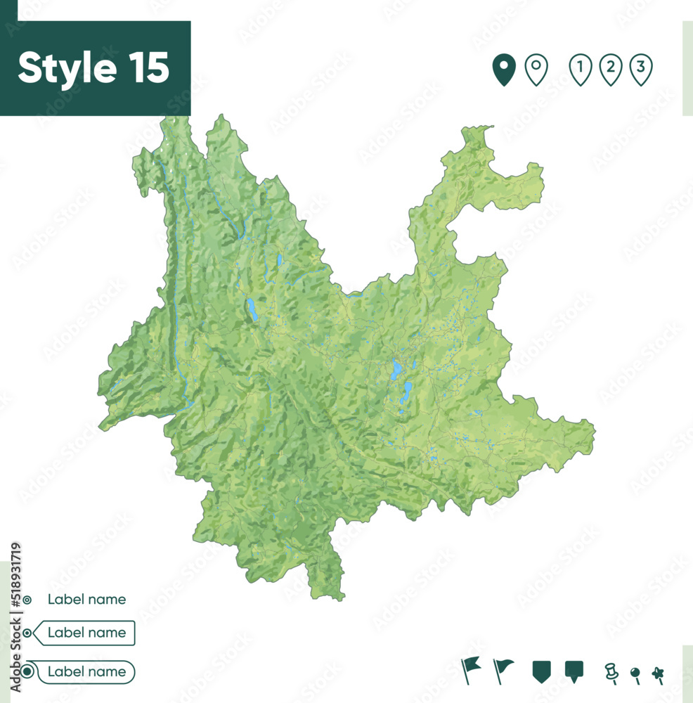Yunnan, China - map with shaded relief, land cover, rivers, lakes ...