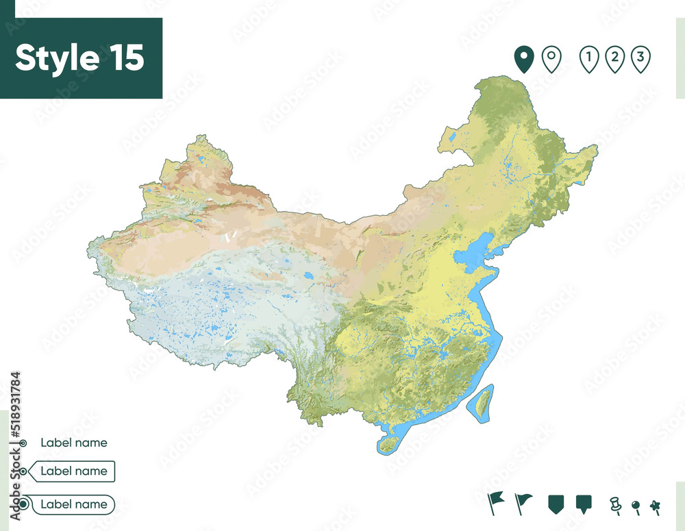 China - map with shaded relief, land cover, rivers, lakes, mountains ...
