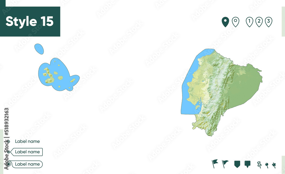 Ecuador - map with shaded relief, land cover, rivers, lakes, mountains ...