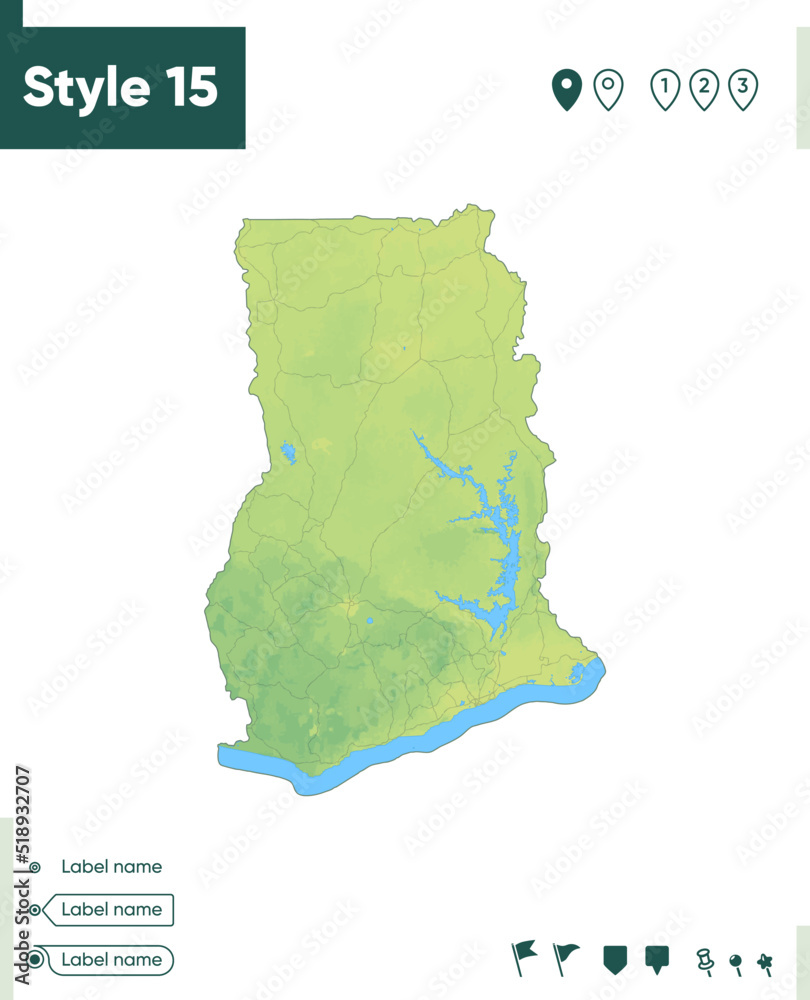 Ghana - map with shaded relief, land cover, rivers, lakes, mountains ...