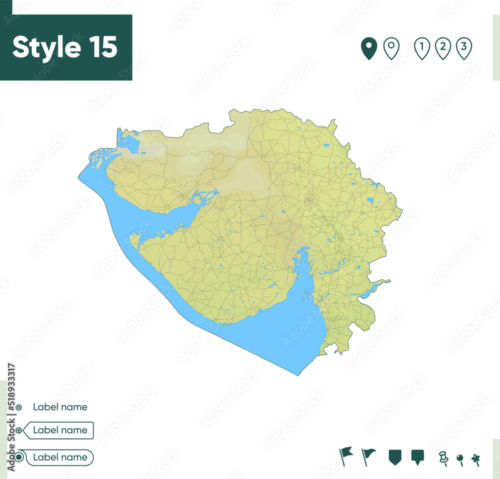 Gujarat, India - map with shaded relief, land cover, rivers, lakes ...