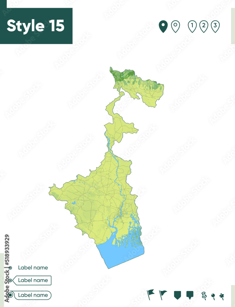 West Bengal, India - map with shaded relief, land cover, rivers, lakes ...