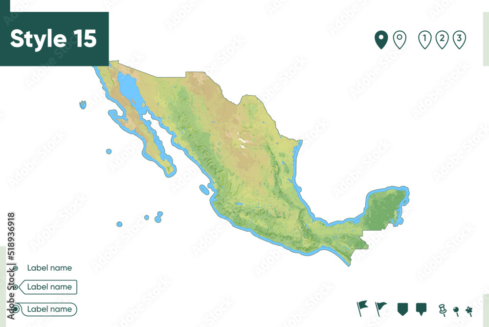 Mexico - map with shaded relief, land cover, rivers, lakes, mountains ...