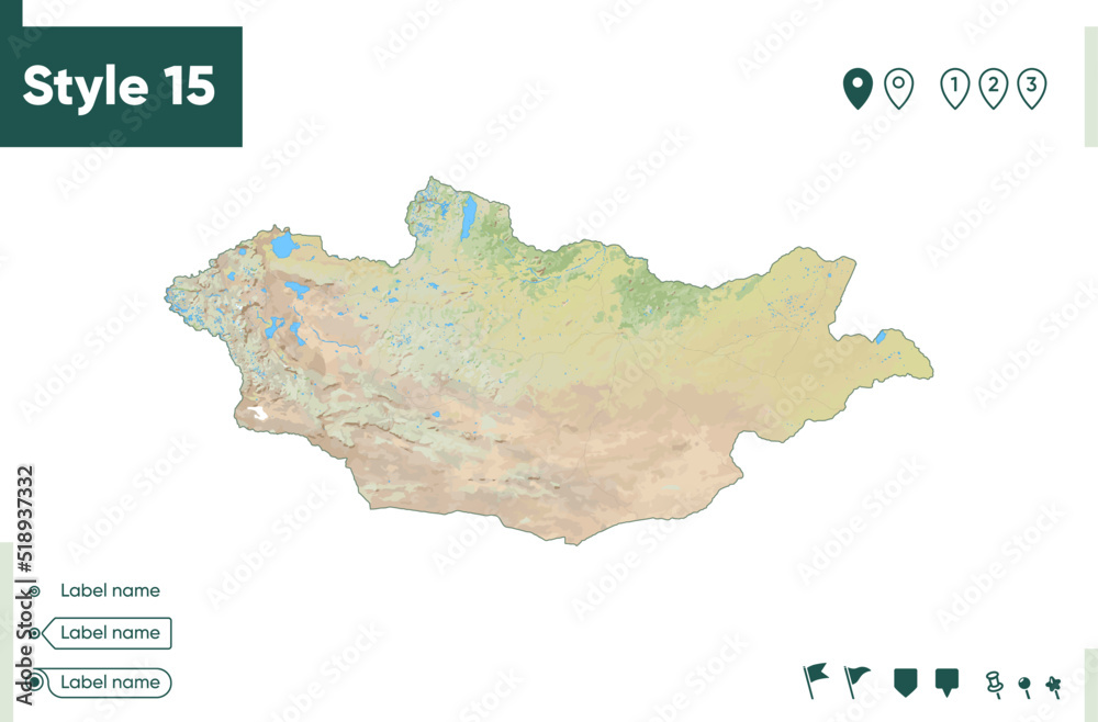 Mongolia - map with shaded relief, land cover, rivers, lakes, mountains ...