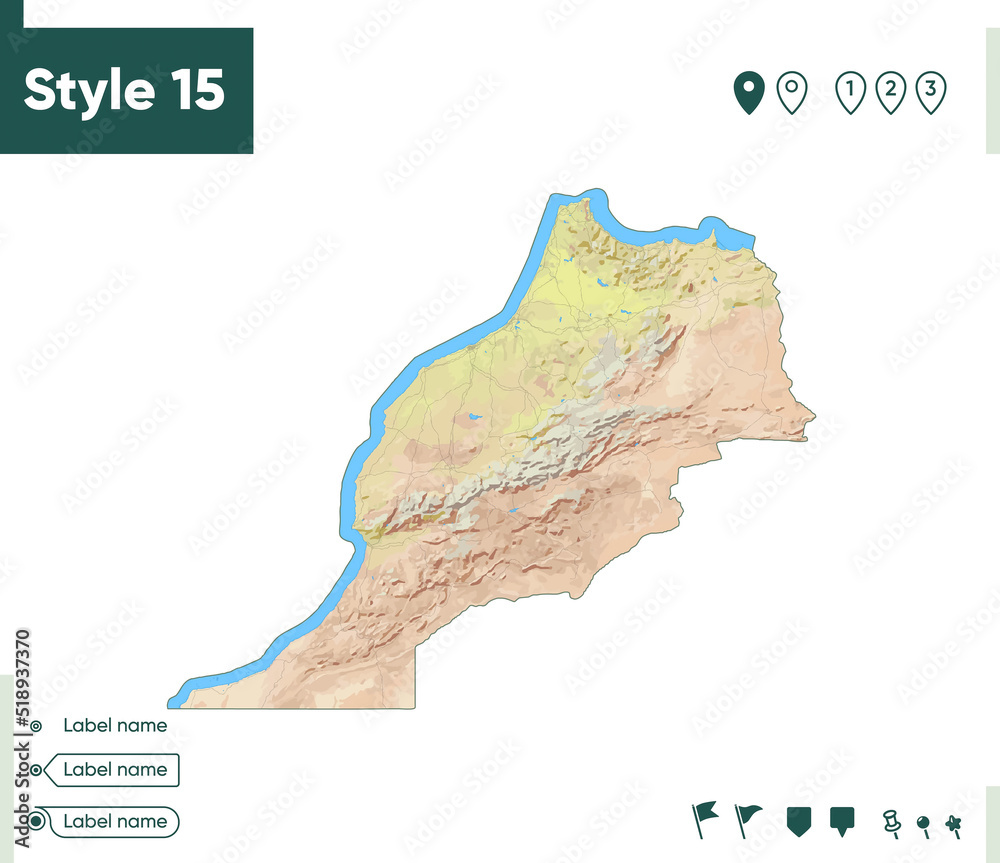 Morocco - map with shaded relief, land cover, rivers, lakes, mountains ...
