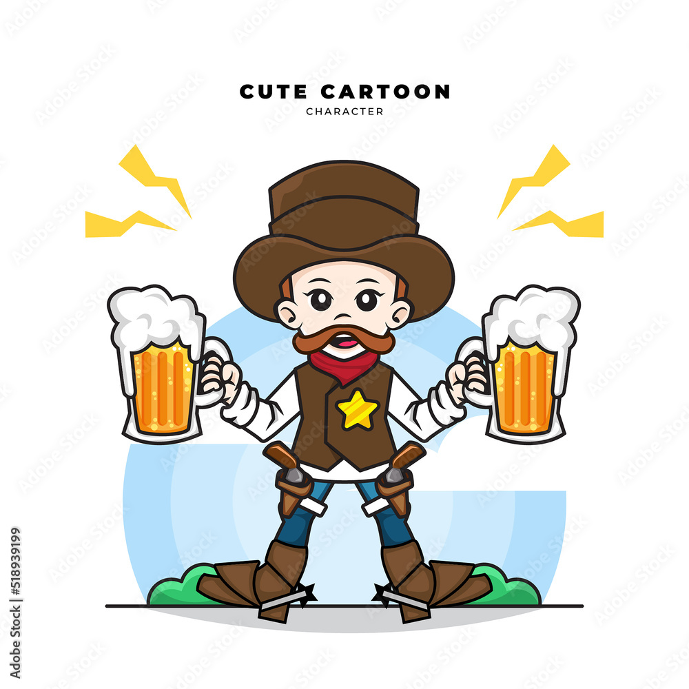 Cute cartoon character of cowboy is holding two beers Stock Vector ...
