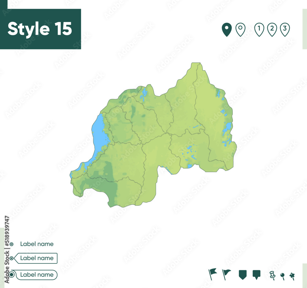 Rwanda - map with shaded relief, land cover, rivers, lakes, mountains ...