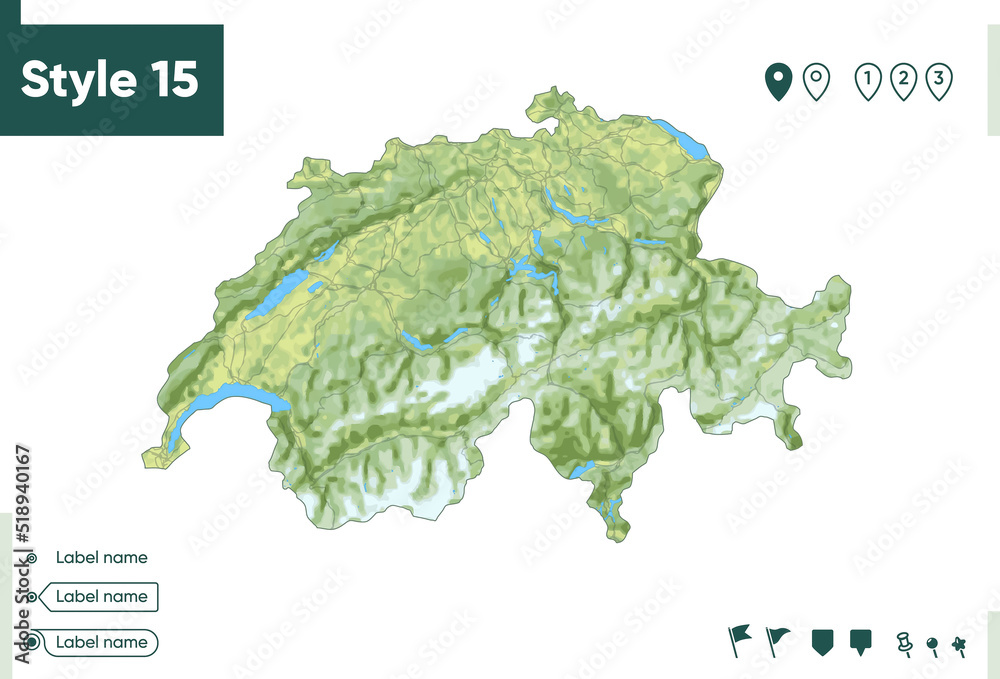 Switzerland - map with shaded relief, land cover, rivers, lakes ...