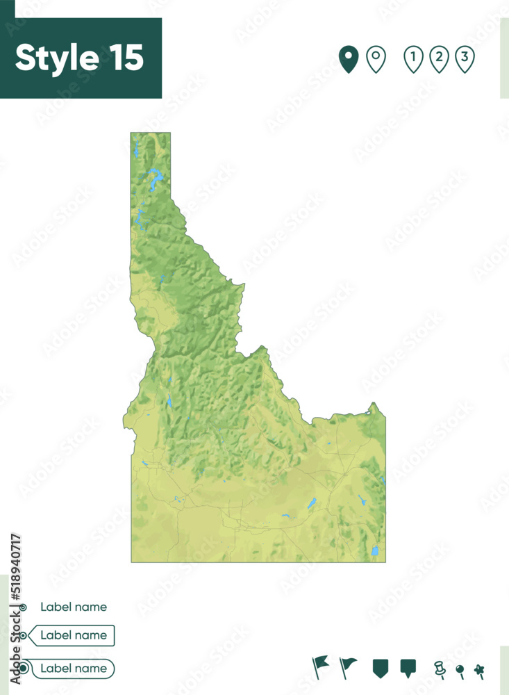 Idaho, USA - map with shaded relief, land cover, rivers, lakes ...