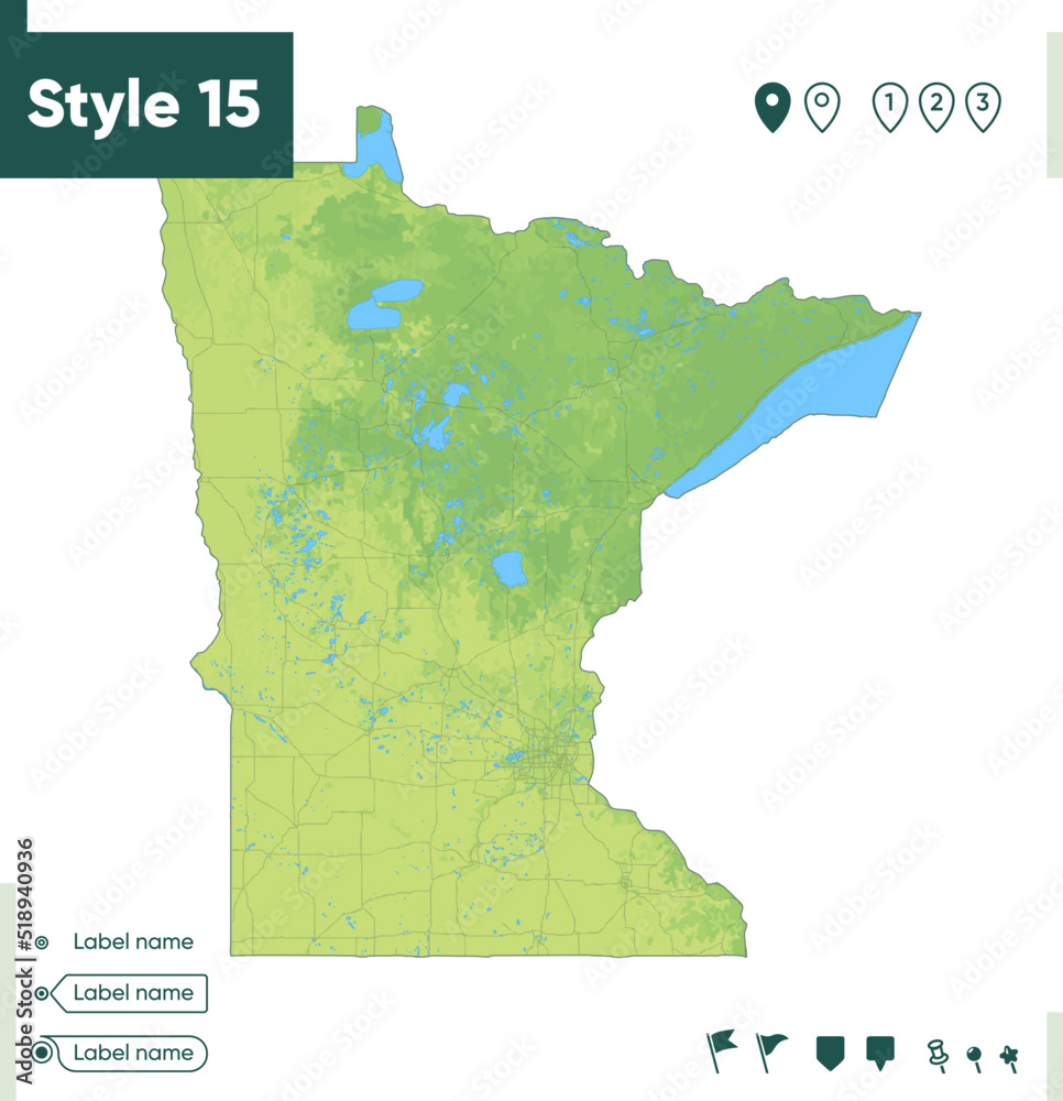 Minnesota, USA - map with shaded relief, land cover, rivers, lakes ...