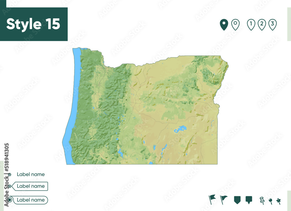 Oregon, USA - map with shaded relief, land cover, rivers, lakes ...