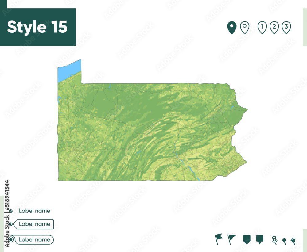 Pennsylvania, USA - map with shaded relief, land cover, rivers, lakes ...