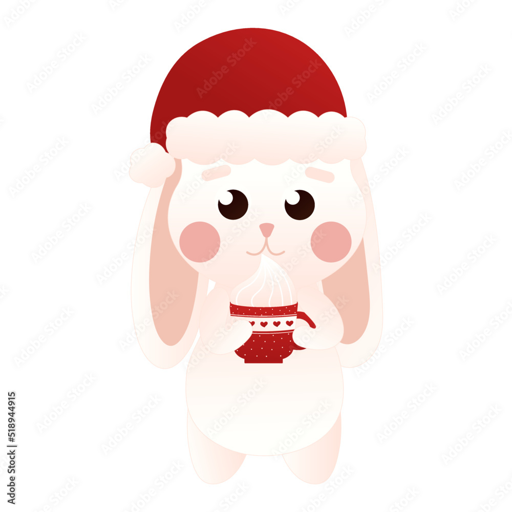 Cute bunny holding christmas hot chocolate in cartoon style, isolated ...