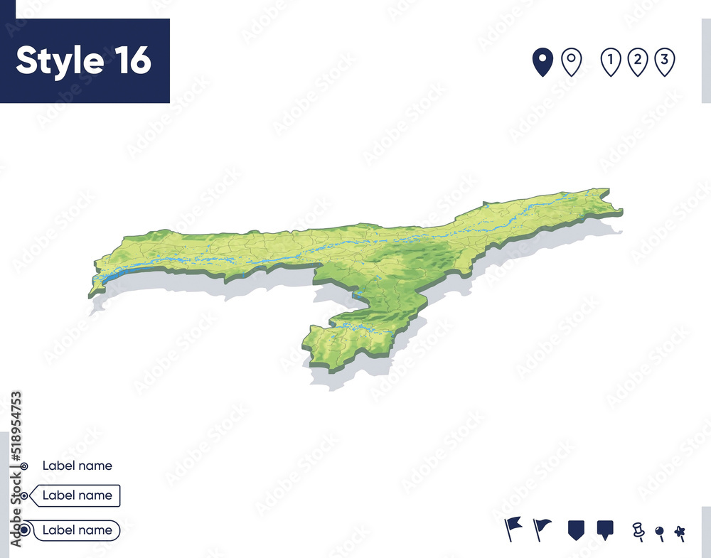 Assam, India - map with shaded relief, land cover, rivers, mountains ...