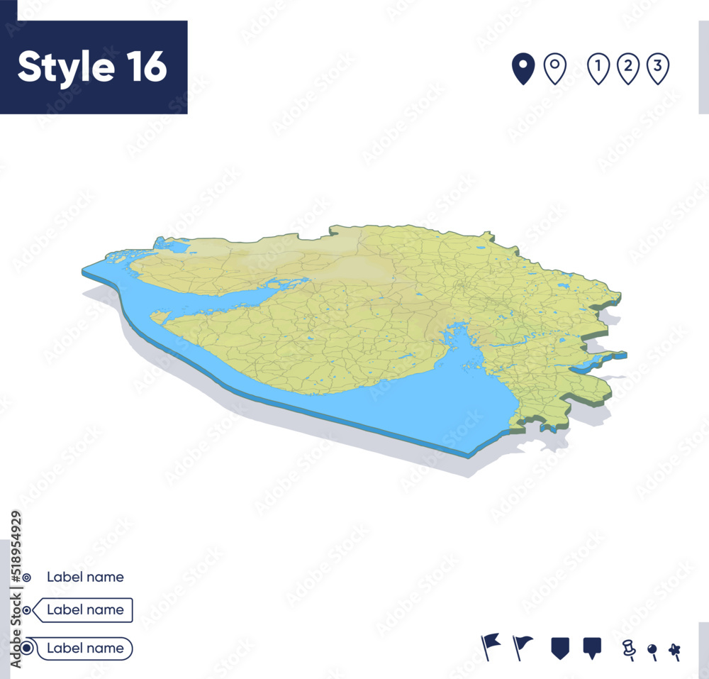 Gujarat, India - map with shaded relief, land cover, rivers, mountains ...