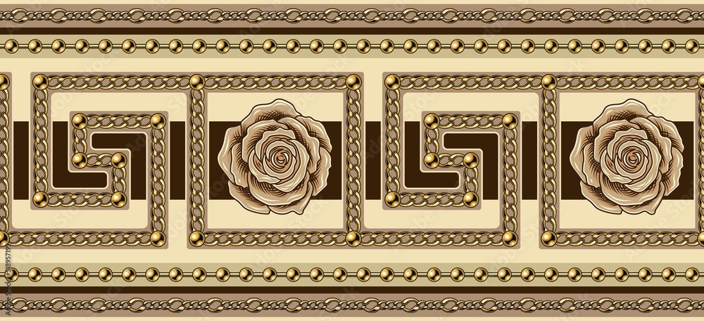 Ancient greek borders with gold chains, beige roses, beads. Greek roman ...