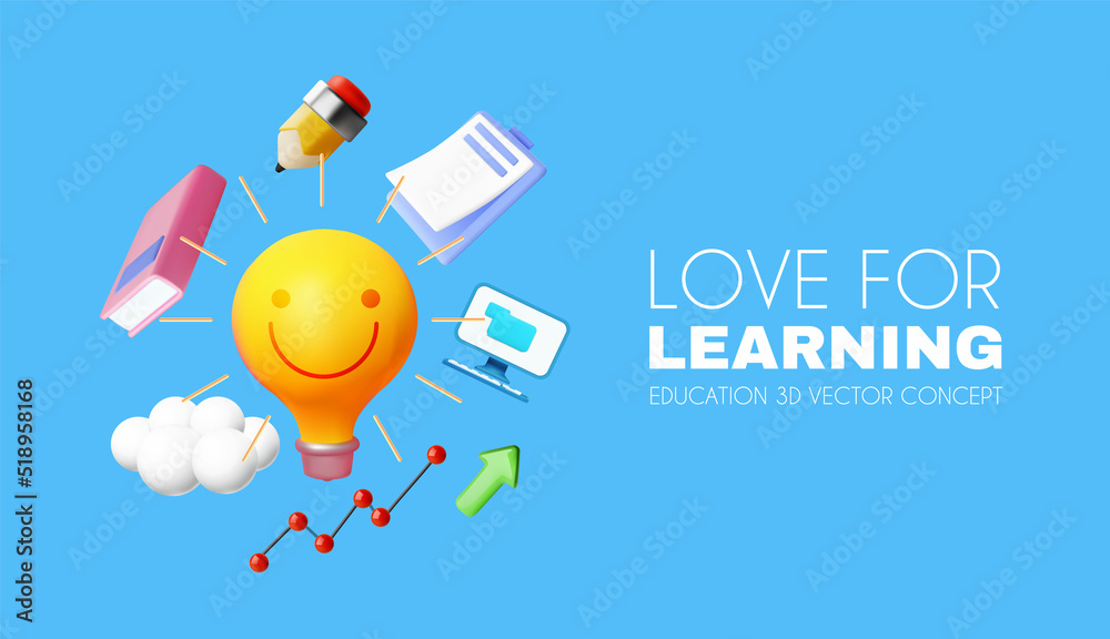 Learning concept. Studying design with smiling idea light bulb and ...