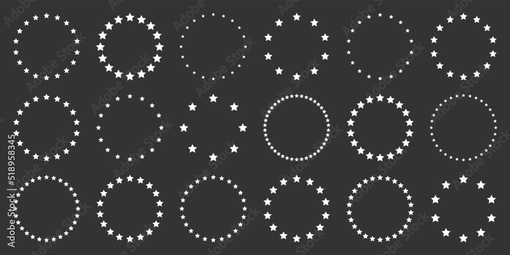 White stars of various sizes arranged in a circle. Round frame, border ...