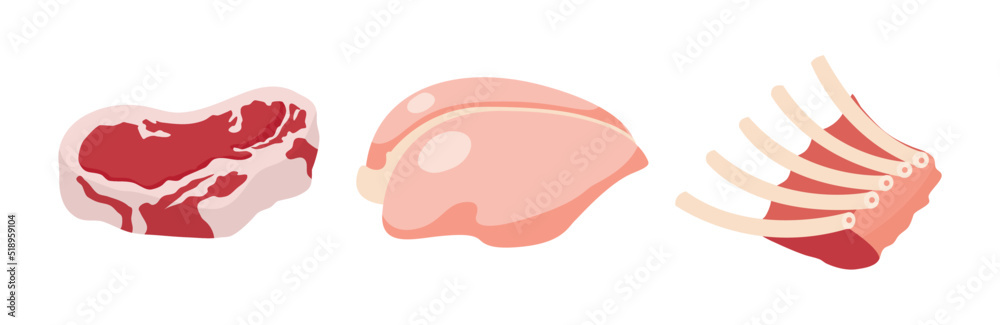 Cartoon meat products. Steaks, pork, lumb and beef vector set. Fras ...