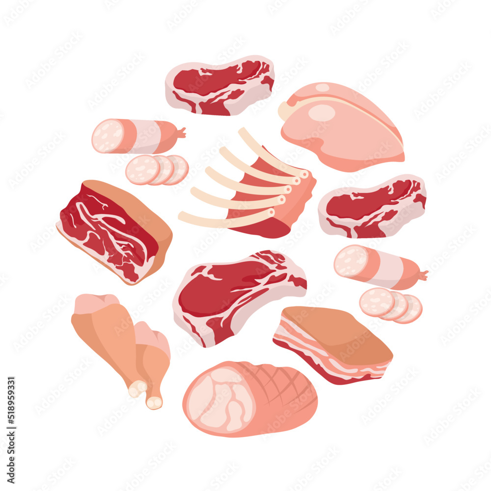 Cartoon meat products. Steaks, pork, lumb and beef vector set. Fras ...