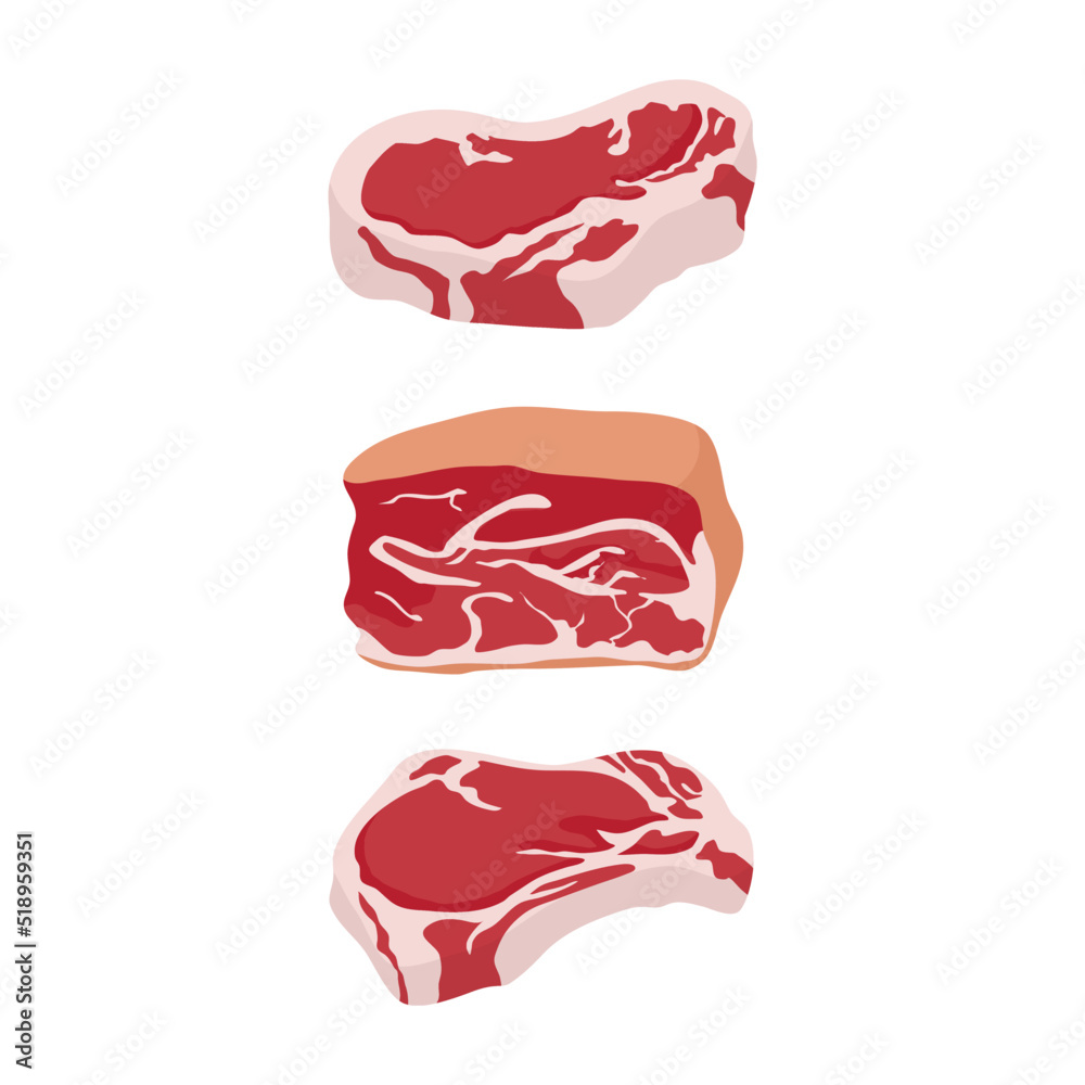 Cartoon meat products. Steaks, pork, lumb and beef vector set. Fras ...