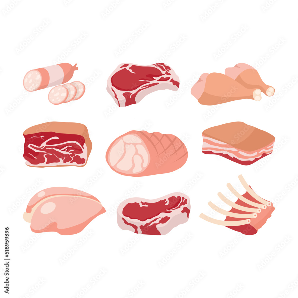 Cartoon meat products. Steaks, pork, lumb and beef vector set. Fras ...