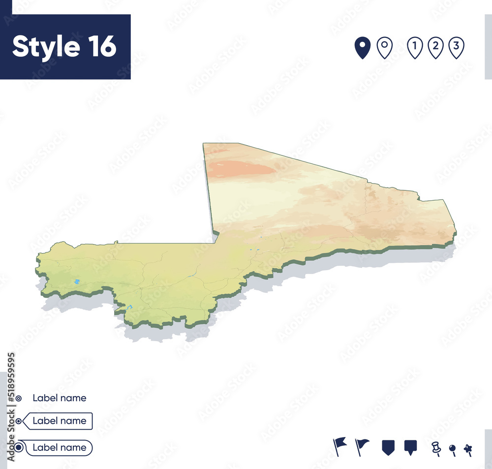 Mali - map with shaded relief, land cover, rivers, mountains. Biome map ...