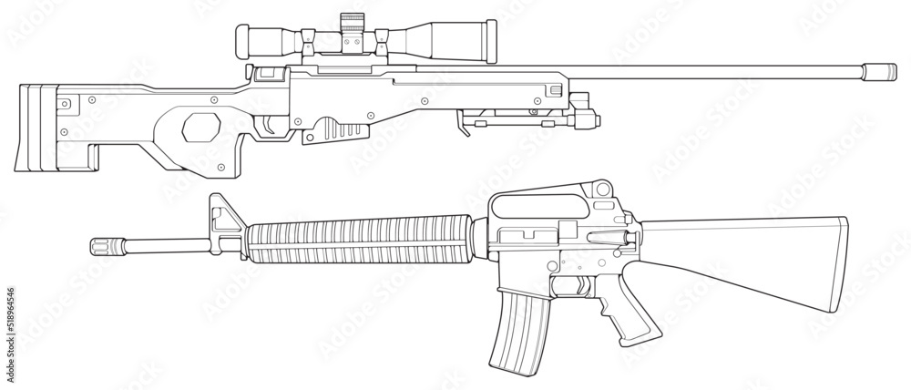 Set of firearms line art style, Shooting gun, Weapon illustration ...