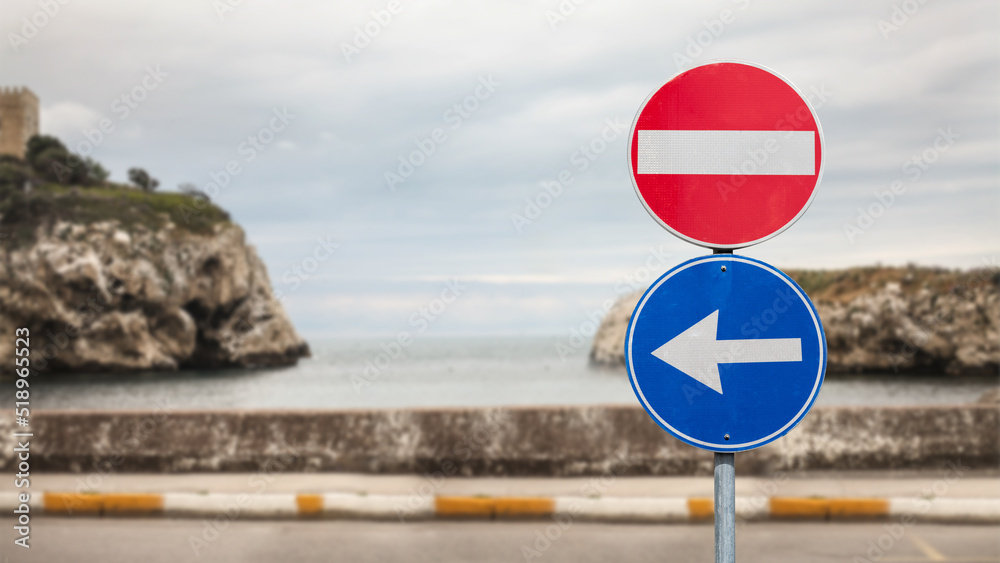 stop sign and left turn sign, front view Stock Photo | Adobe Stock