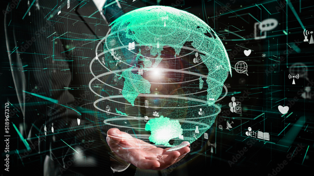 Businessman show hologram of global network communication allusive ...
