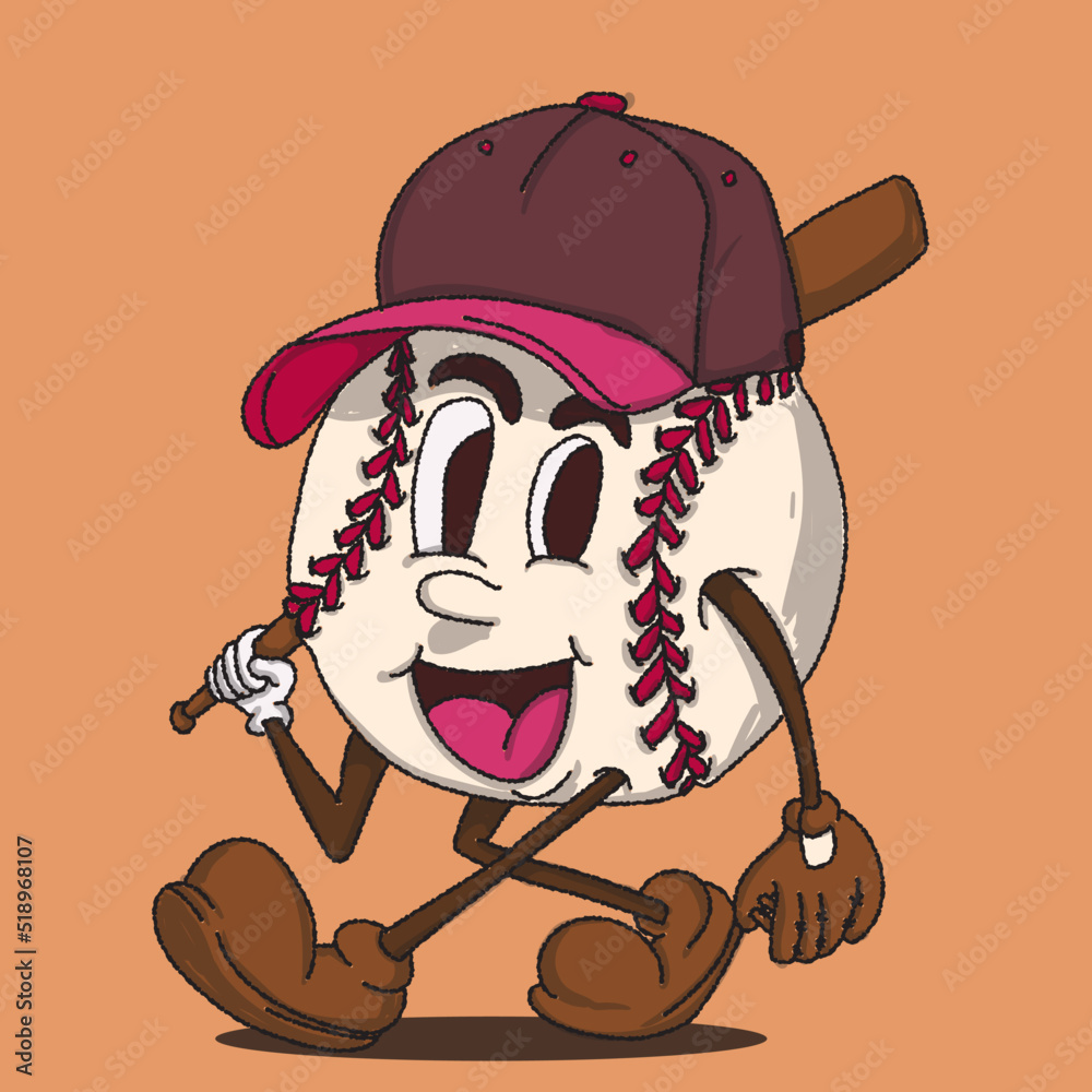 baseball walking mascot vector illustration with face. for vintage ...