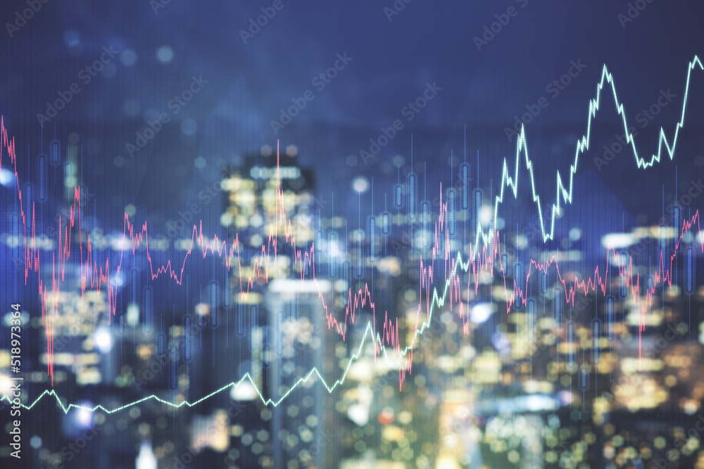Multi exposure of virtual abstract financial graph interface on blurry ...