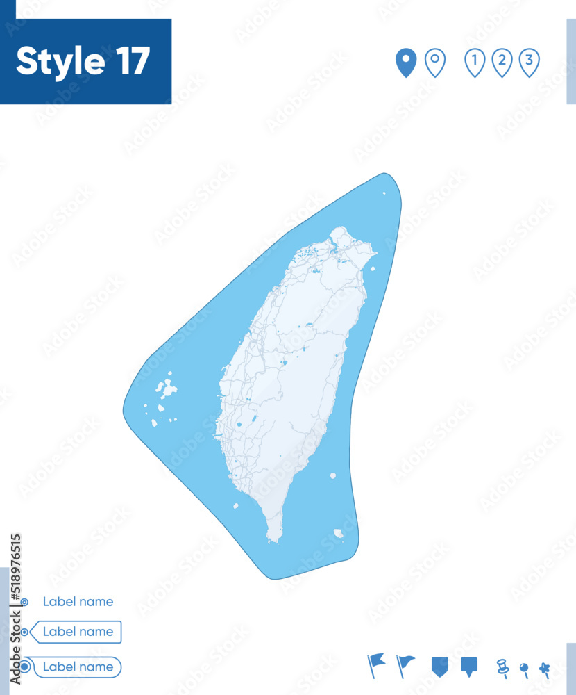 Taiwan, China - map isolated on white background with water and roads ...