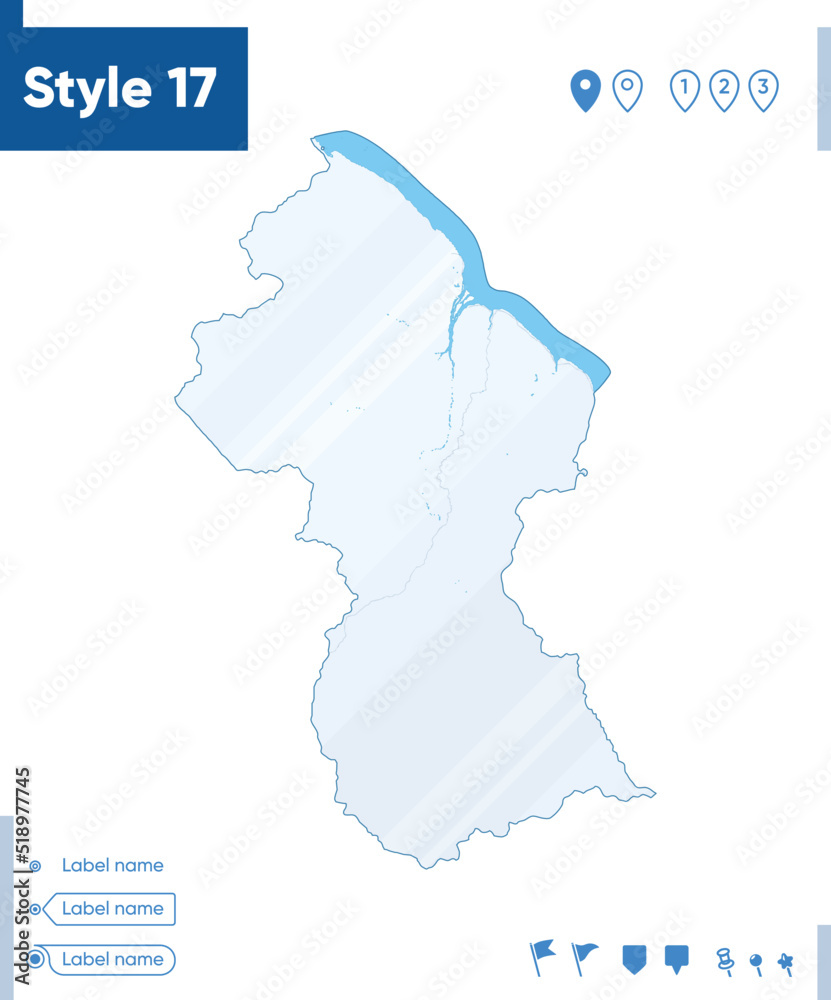 Guyana - map isolated on white background with water and roads. Vector ...