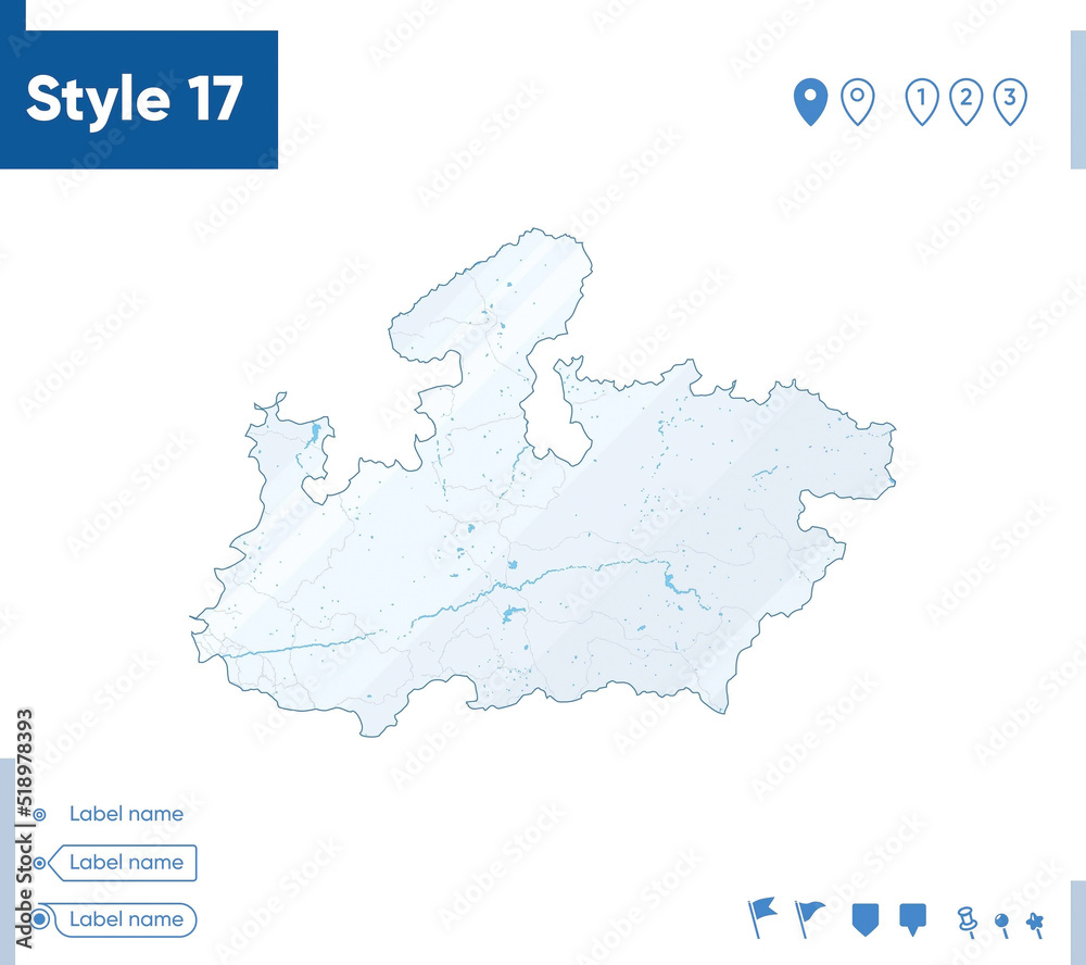 Madhya Pradesh, India - map isolated on white background with water and ...