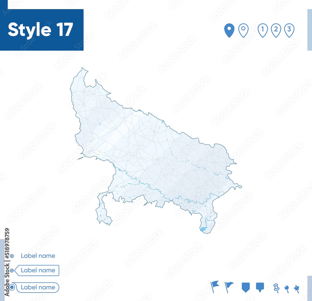 Uttar Pradesh, India - map isolated on white background with water and ...
