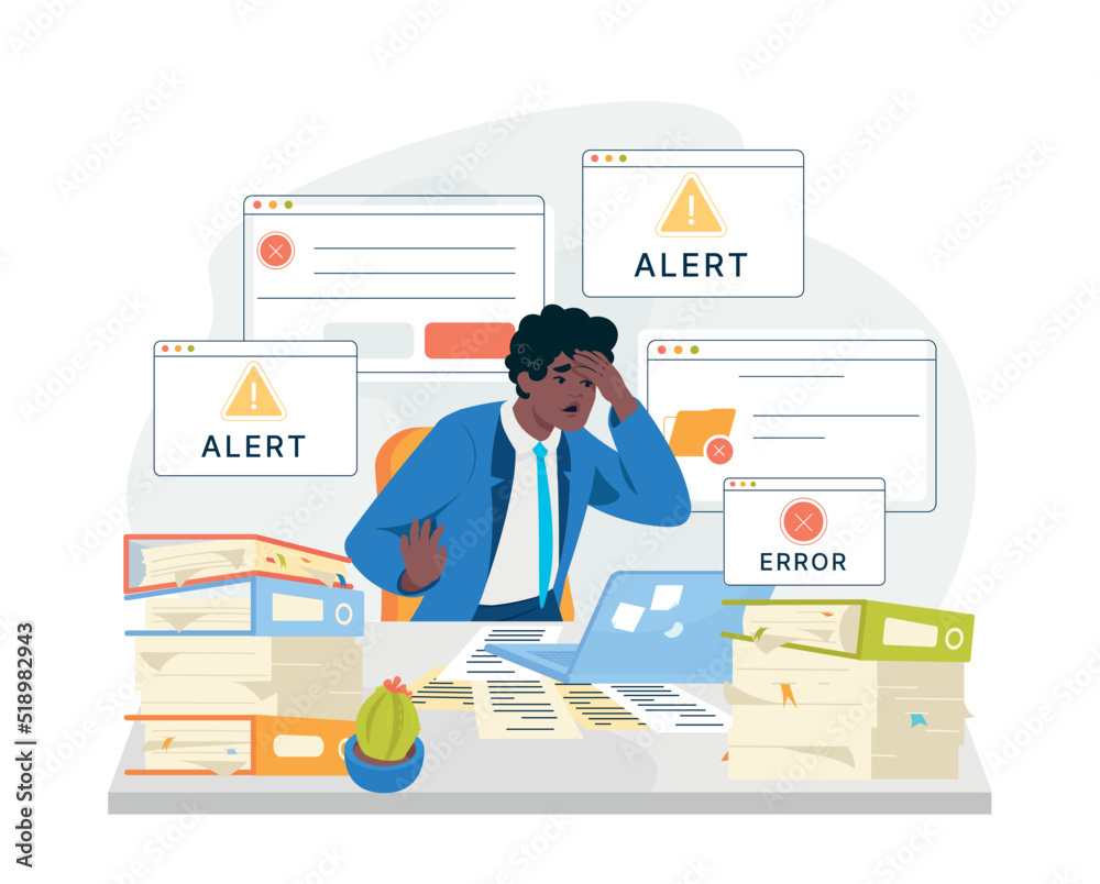 Operating system error warning notifications windows. Stressed man ...