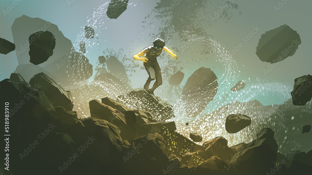 superhuman with glowing arms standing on the rocks, digital art style ...