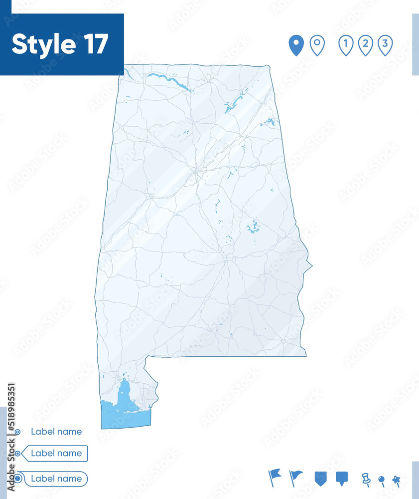 Alabama, USA - map isolated on white background with water and roads ...