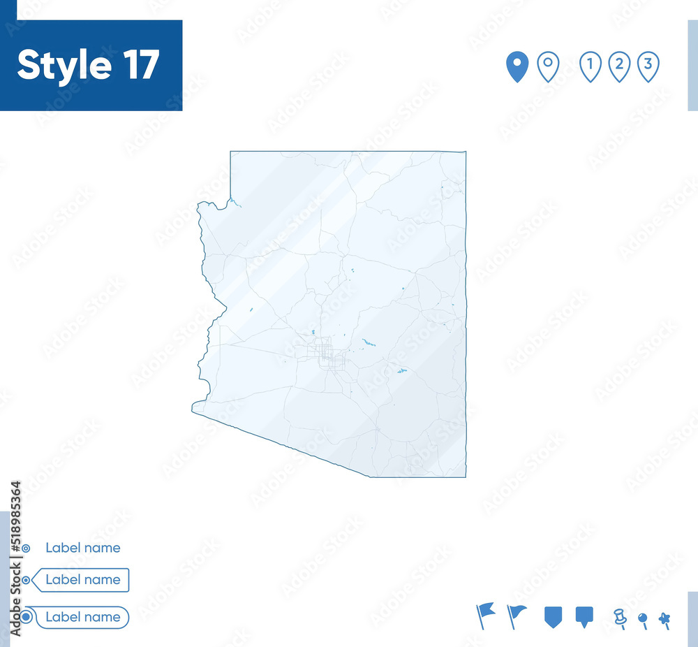 Arizona, USA - map isolated on white background with water and roads ...