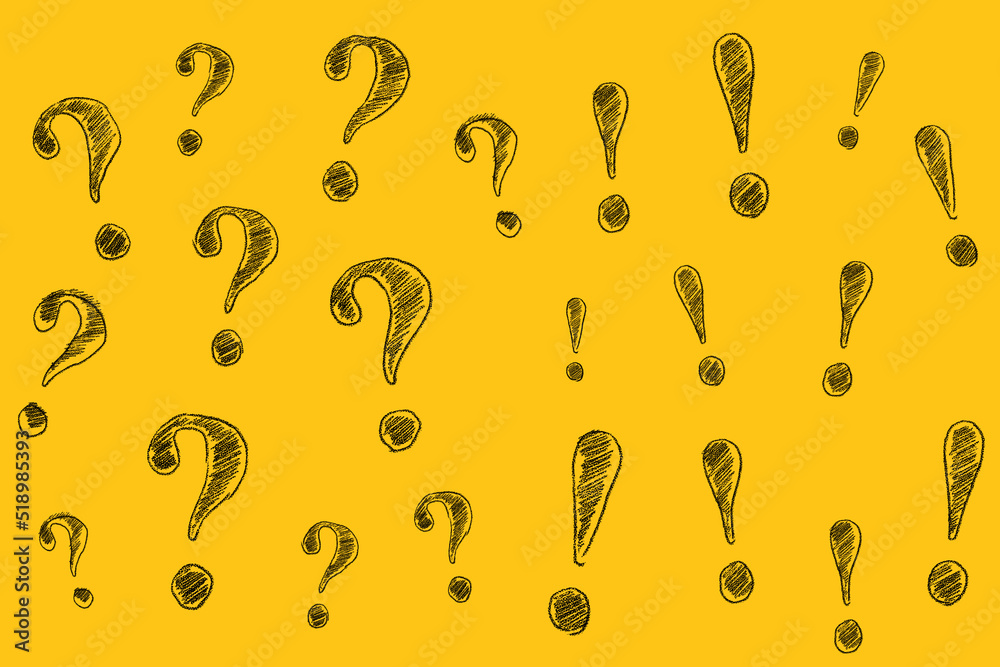 Hand drawn question marks on the left and exclamation marks on the ...