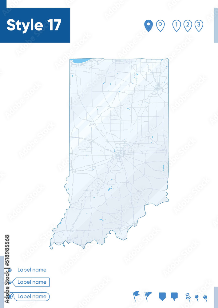Indiana, USA - map isolated on white background with water and roads ...