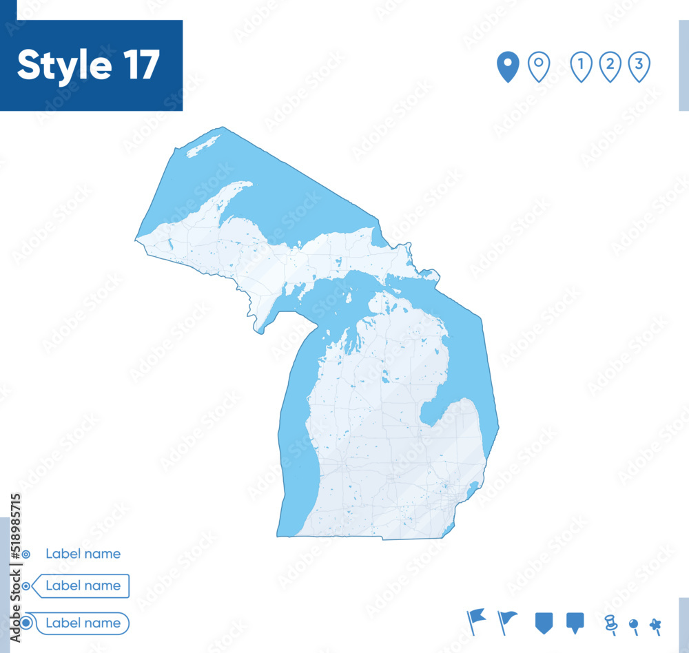 Michigan, USA - map isolated on white background with water and roads ...