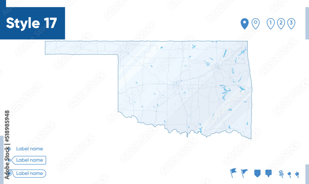 Oklahoma, USA - map isolated on white background with water and roads ...