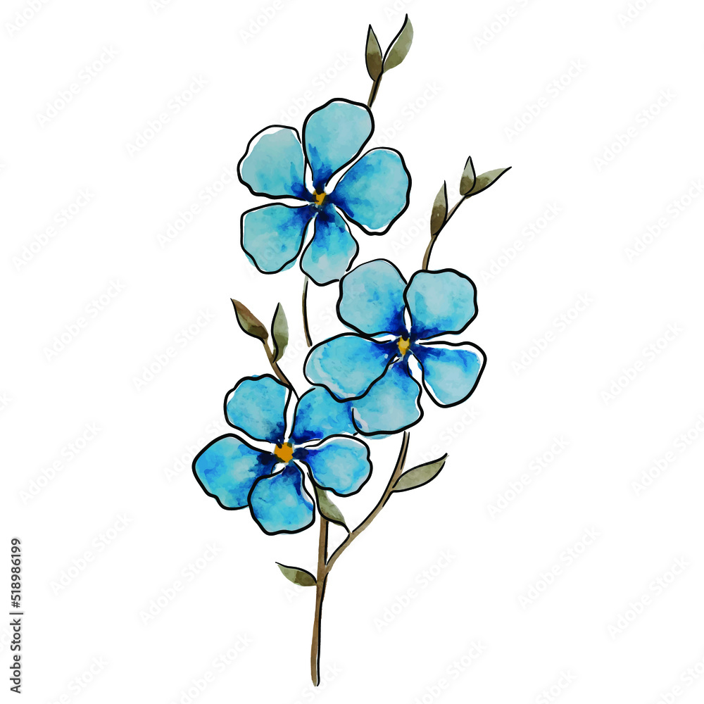 Vector Blue Flower Drawn With Watercolor And Line Art. Stock Vector ...
