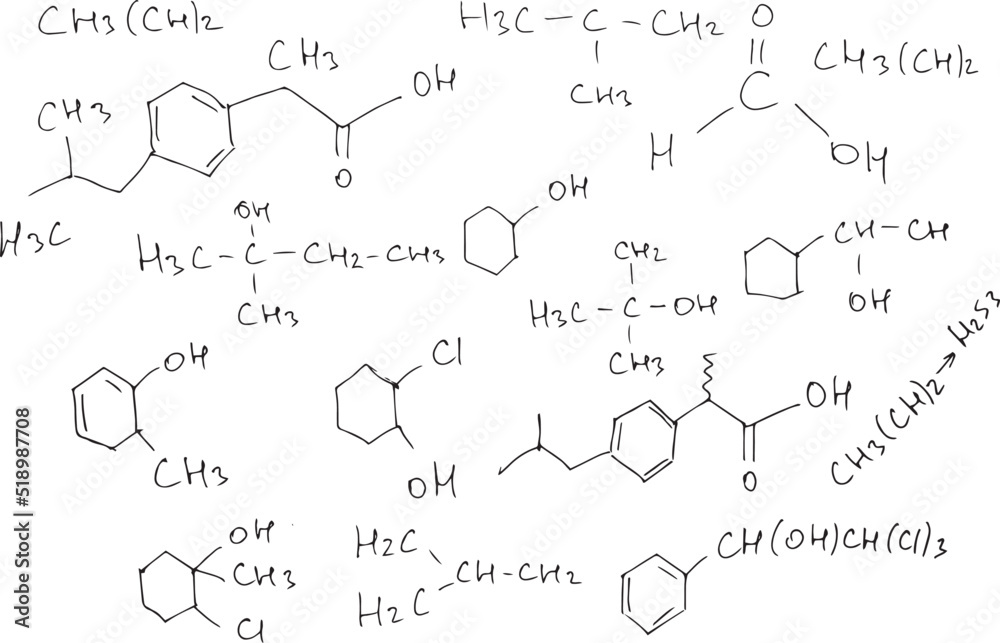 Chemical formulas. Scientific background on a white background. Hand ...