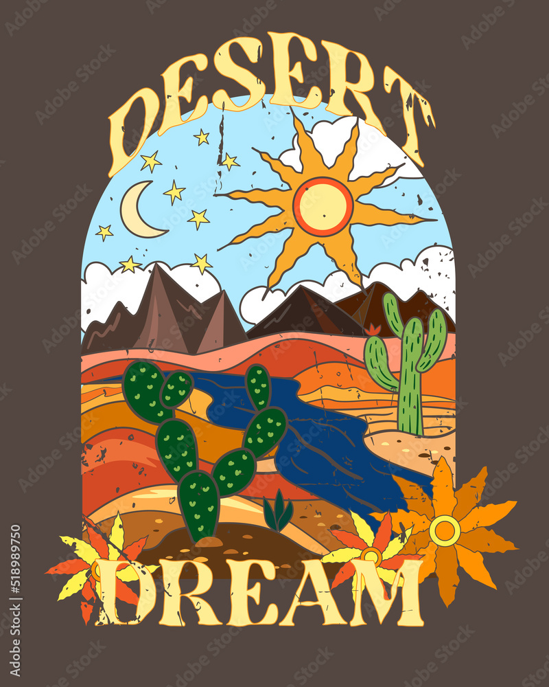 Desert Dream Arizona. Vector retro Arizona desert print for t shirt and ...